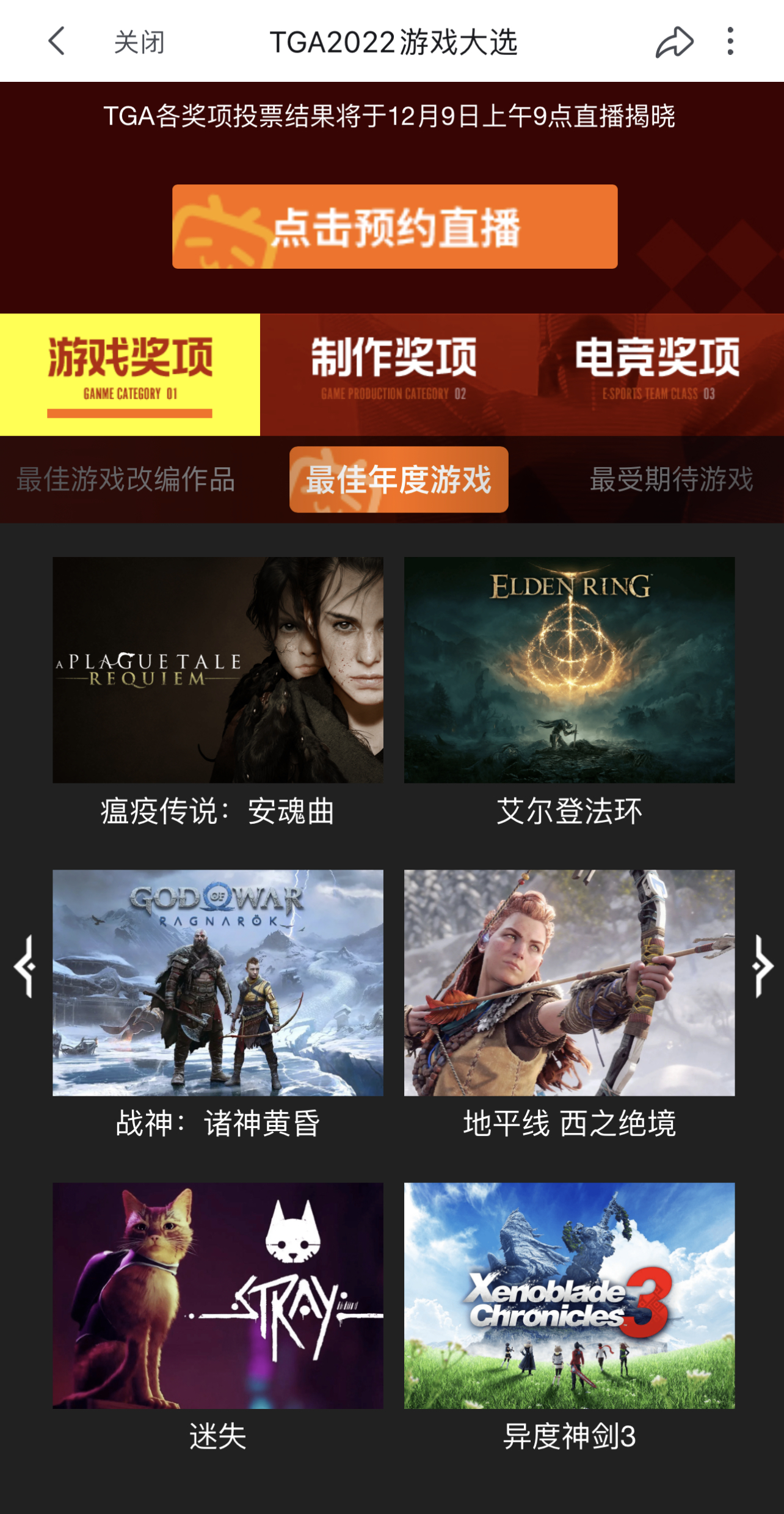 游戏界奥斯卡TGA公布提名 日中都有“冠军相”